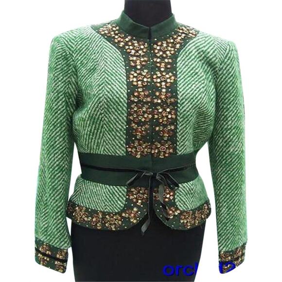 Cache | Jackets & Coats | Cache Green Plaid Elaborate Embellished Top ...